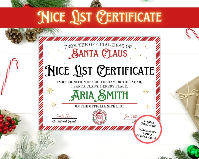 EDITABLE Nice List Certificate From Santa, Santa Nice List Certificate ...
