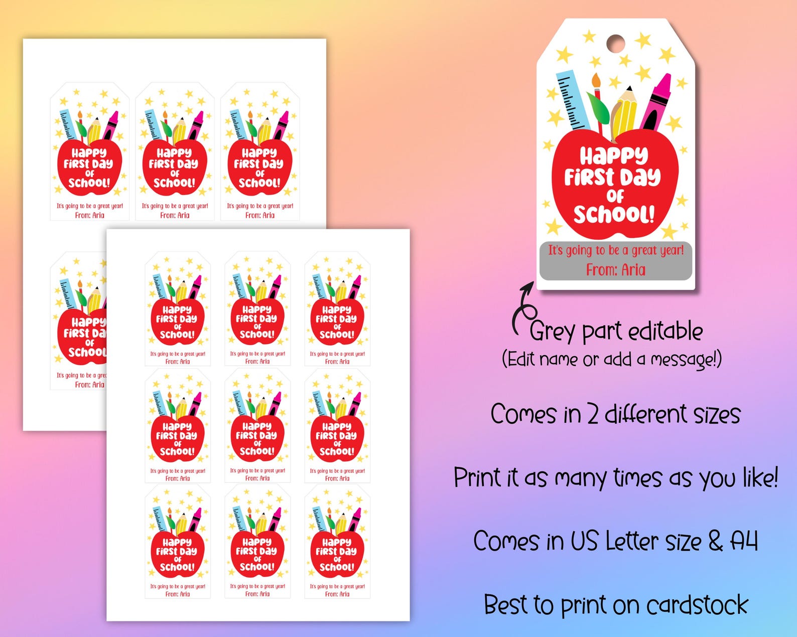 EDITABLE First Day of School Gift Tag, Back to School Gift Tag, Teacher ...