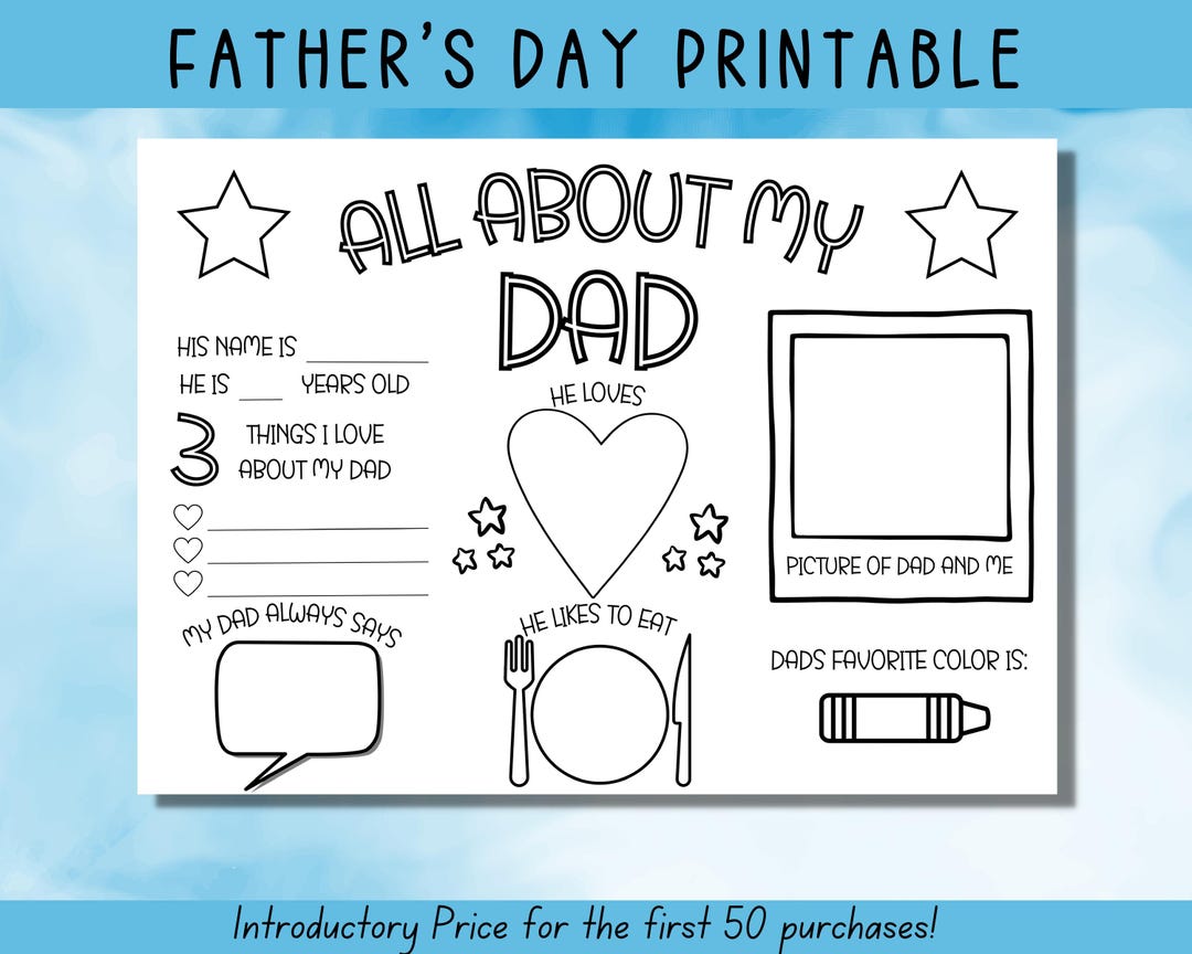 Father's Day Printable, All About My Dad, Fathers Day Gift, Card for ...