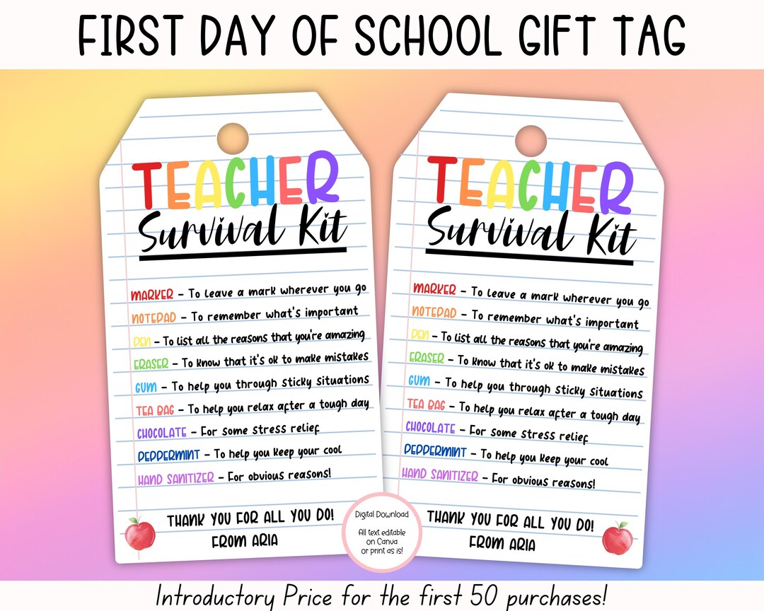 EDITABLE Teacher Survival Kit, First Day of School Gift Tag, Back to ...