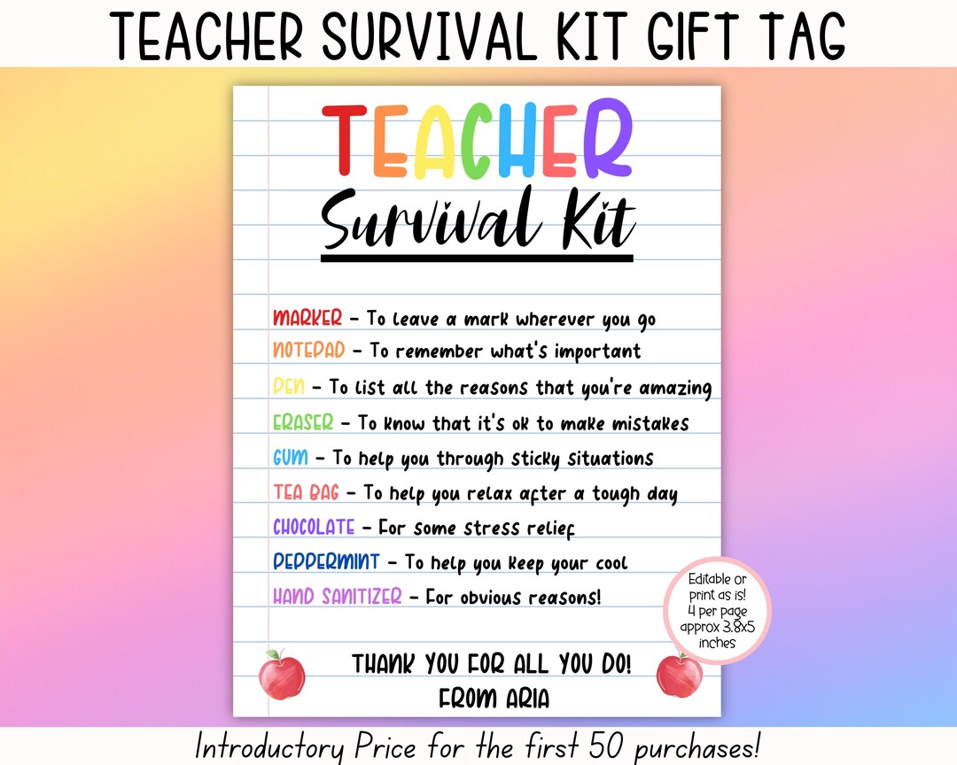 EDITABLE Teacher Survival Kit, First Day of School Gift Tag, Back to ...