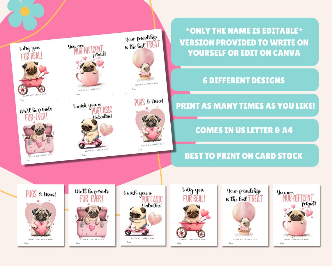 EDITABLE Printable Pug Valentine Cards, Classroom Valentines Day Cards ...