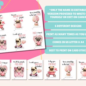 EDITABLE Printable Pug Valentine Cards, Classroom Valentines Day Cards ...