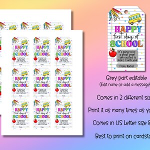 EDITABLE First Day of School Gift Tag, Back to School Gift Tag, Teacher ...