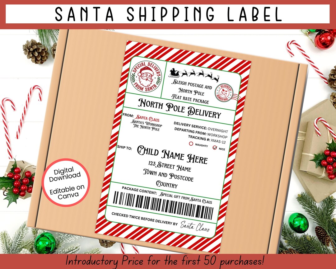 EDITABLE Santa Shipping Label Template, North Pole Delivery Tags, Santa ...