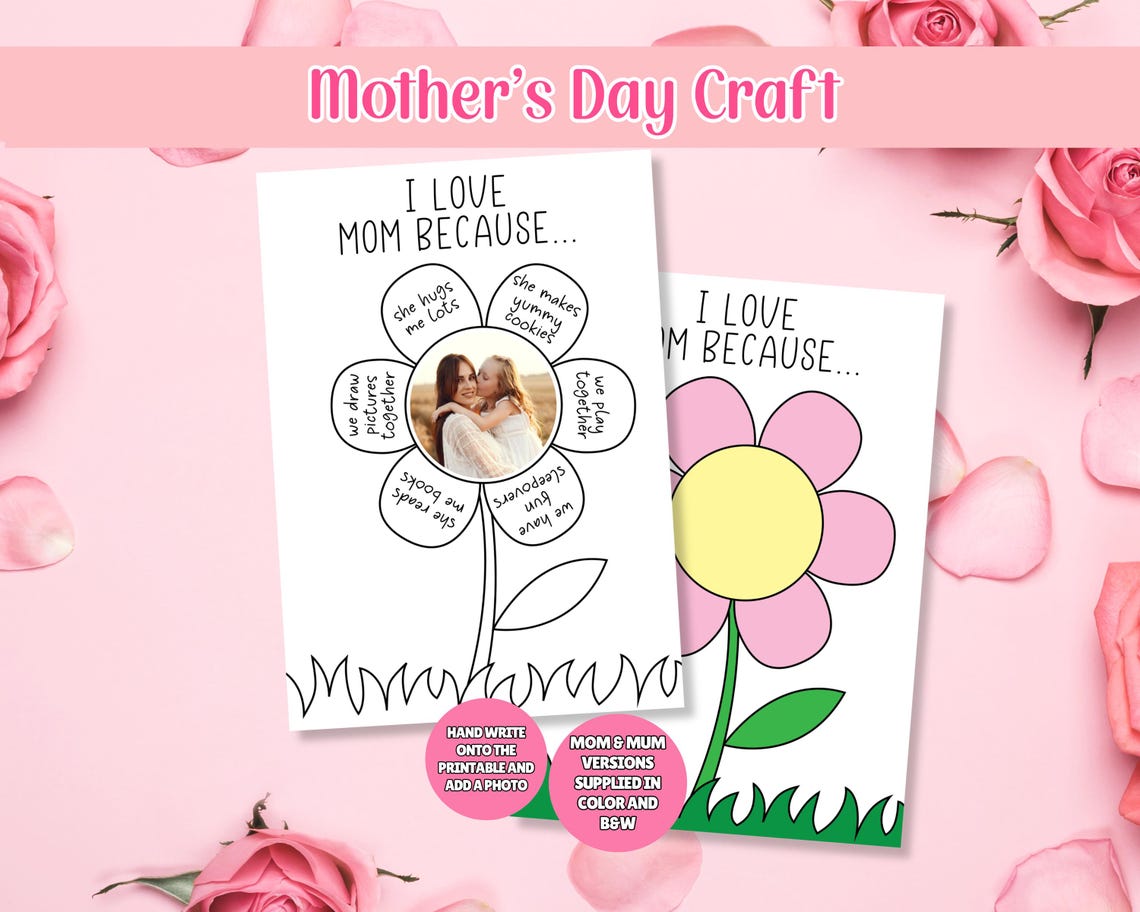 Mother's Day Printable, I Love My Mom Because, Mothers Day Gift, Card ...
