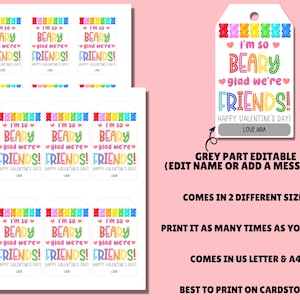 EDITABLE Gummy Bear Valentine Gift Tags, Printable Kids Valentine Tags ...