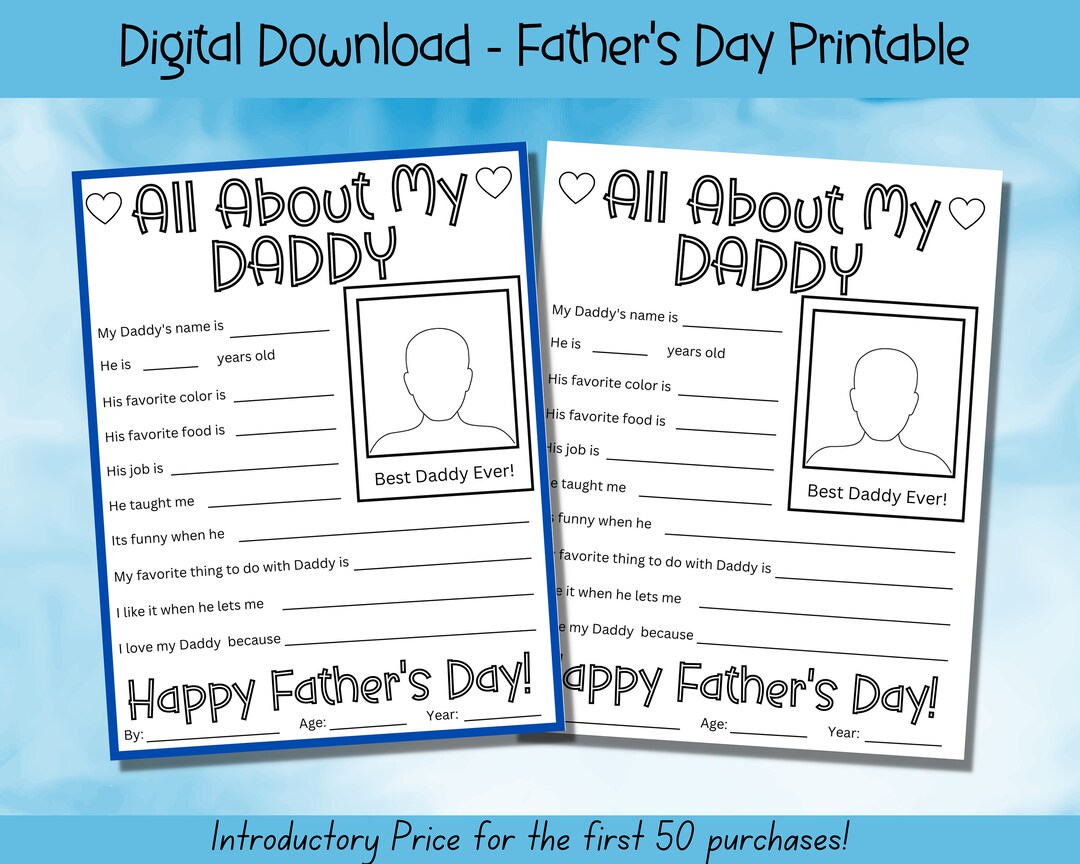 Fathers Day Printable, All About My Daddy, Fathers Day Gift, Card for ...