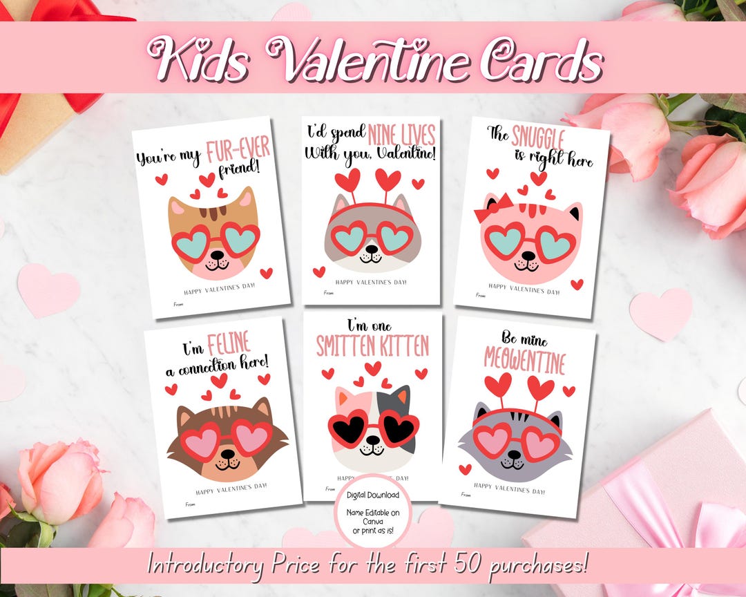 EDITABLE Printable Cat Valentine Cards, Classroom Valentines Day Cards ...