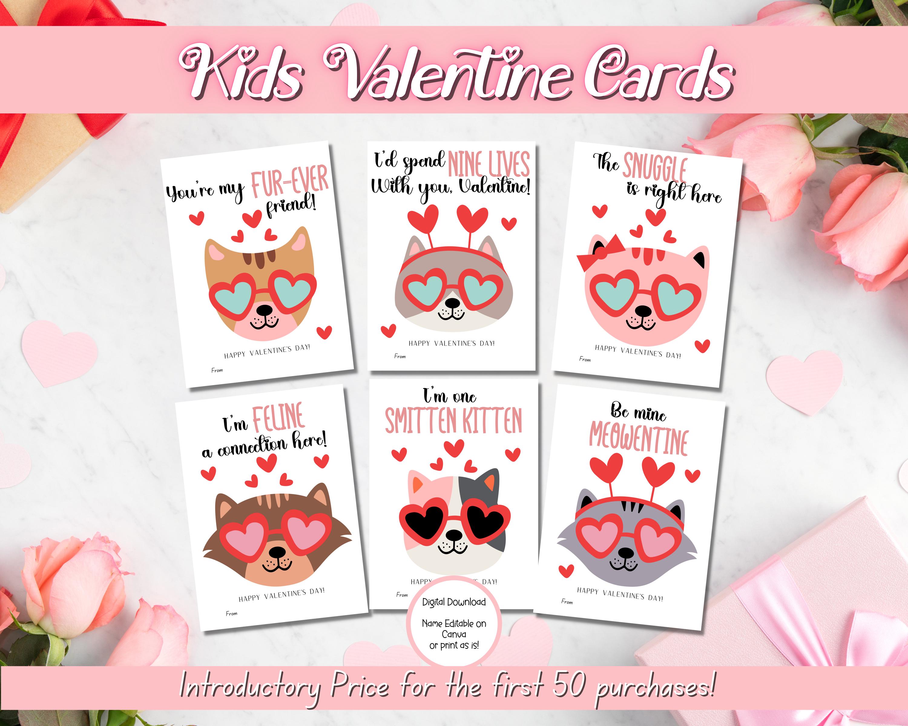 EDITABLE Printable Cat Valentine Cards, Classroom Valentines Day Cards ...