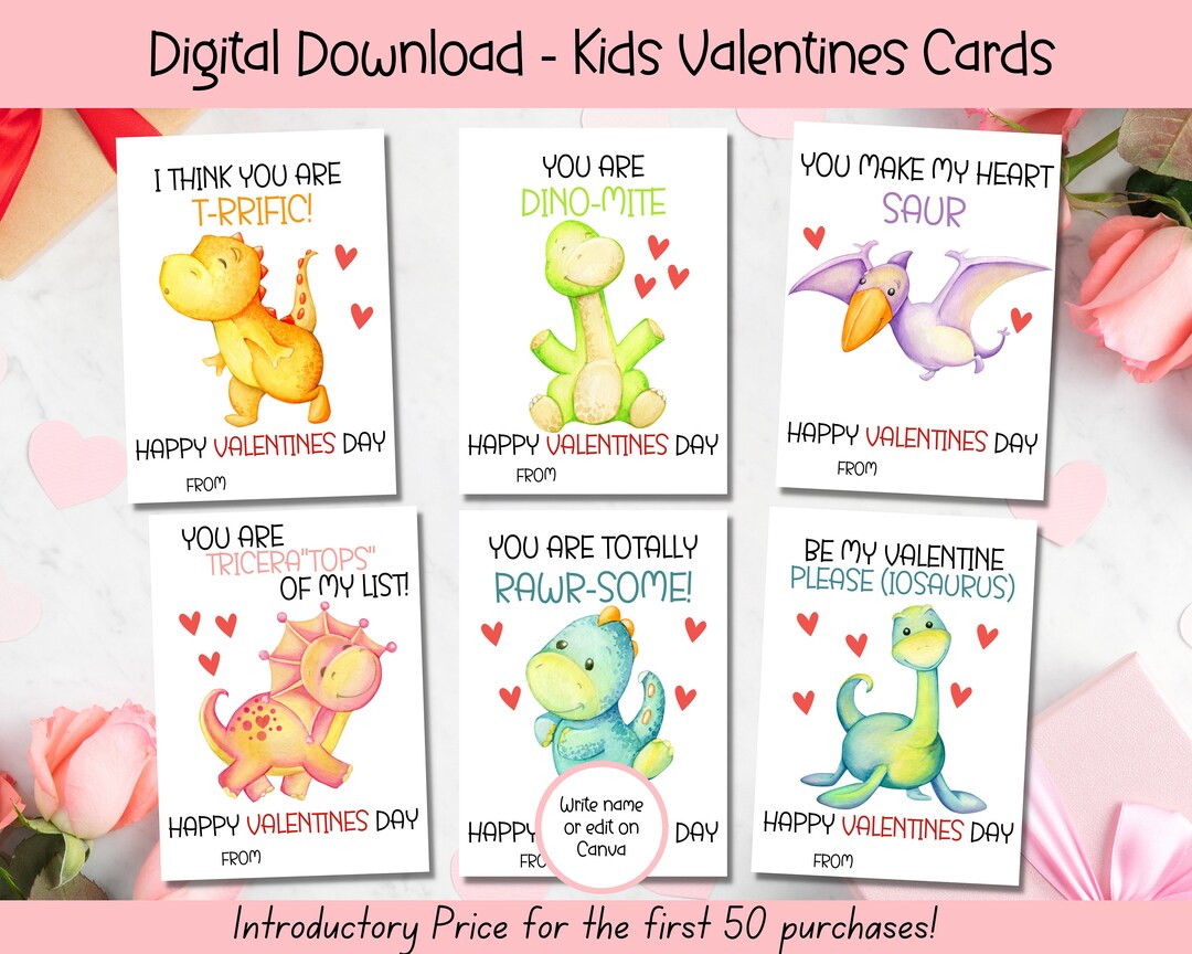 EDITABLE Printable Dinosaur Valentine Cards, Classroom Valentines Day ...