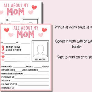 Mother's Day Printable, All About My Mom, Mothers Day Gift, Card for ...