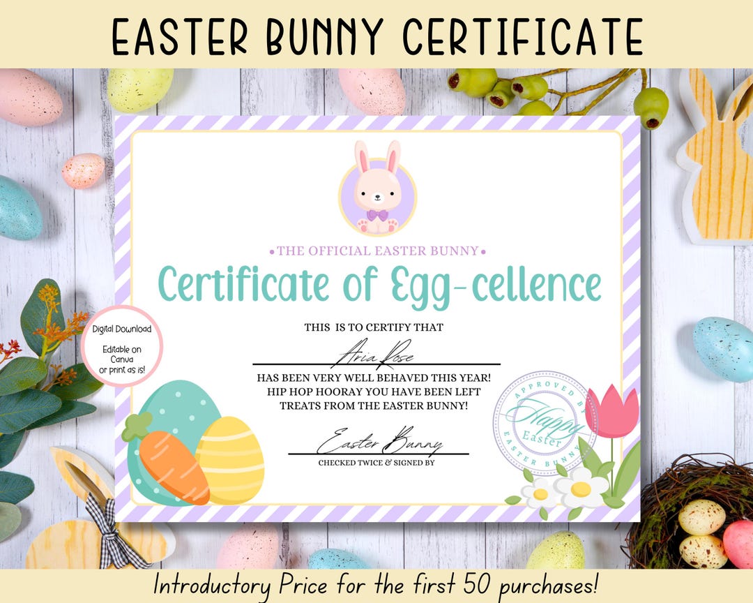 EDITABLE Certificate From Easter Bunny, Purple Printable Easter Bunny ...