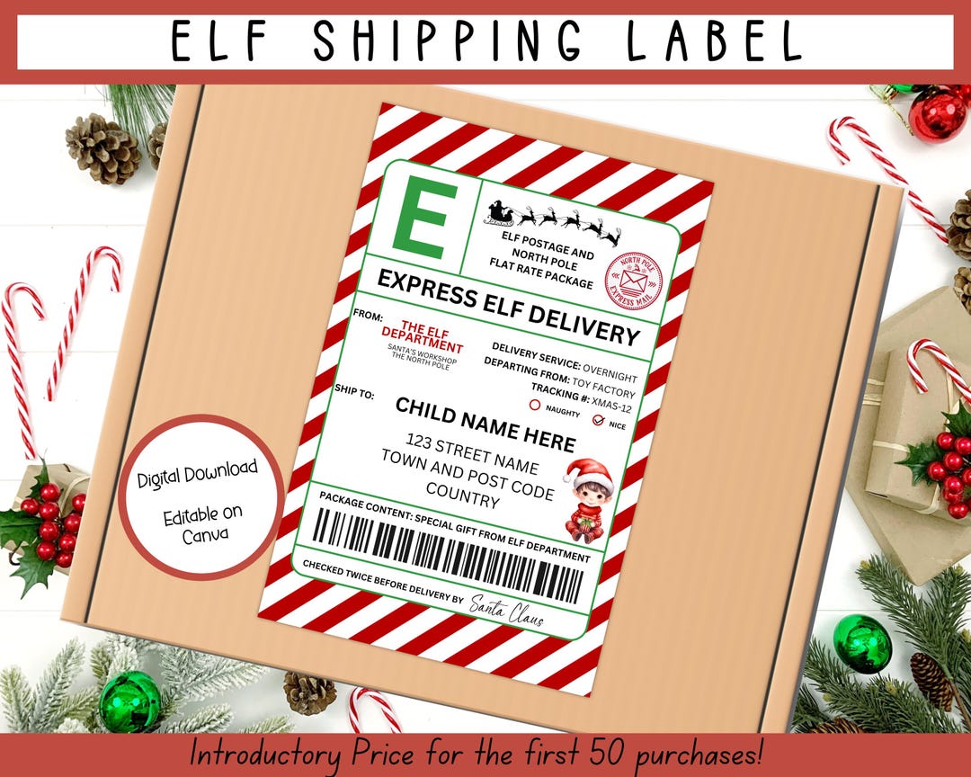 EDITABLE Elf Shipping Label, North Pole Delivery Tags, Santa Mail ...