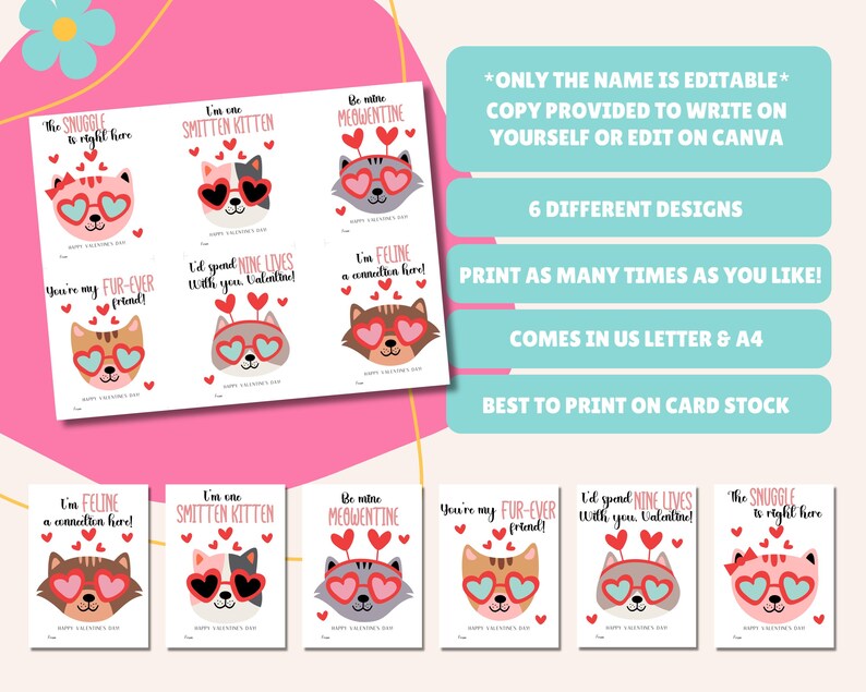 EDITABLE Printable Cat Valentine Cards, Classroom Valentines Day Cards ...