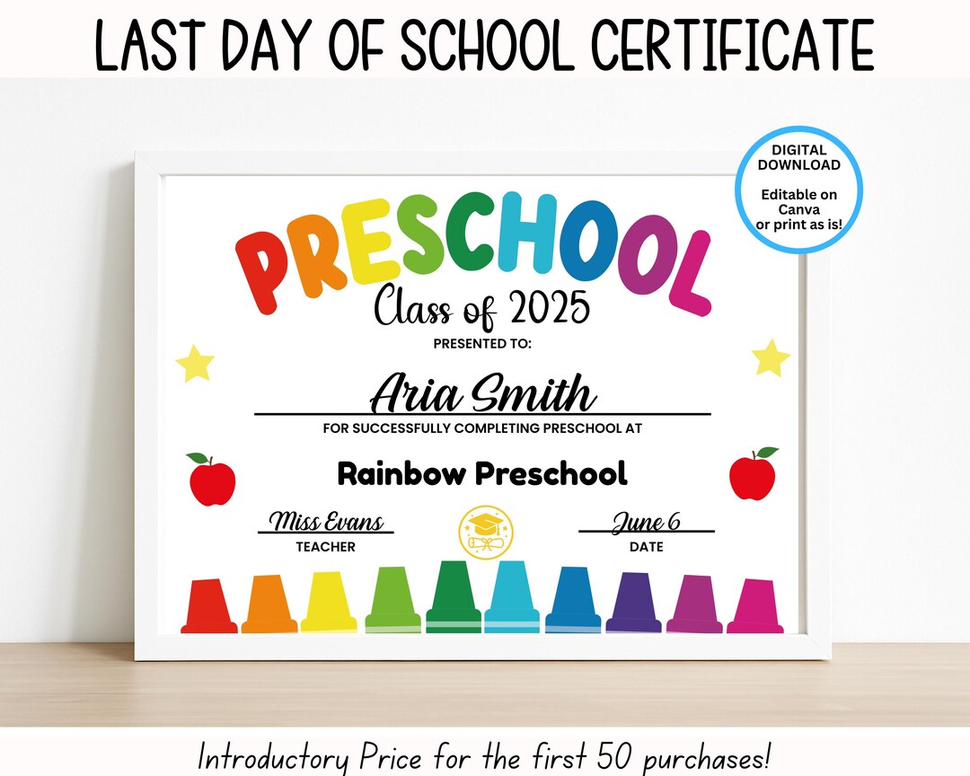 EDITABLE Last Day of Preschool Certificate, Preschool Graduation ...