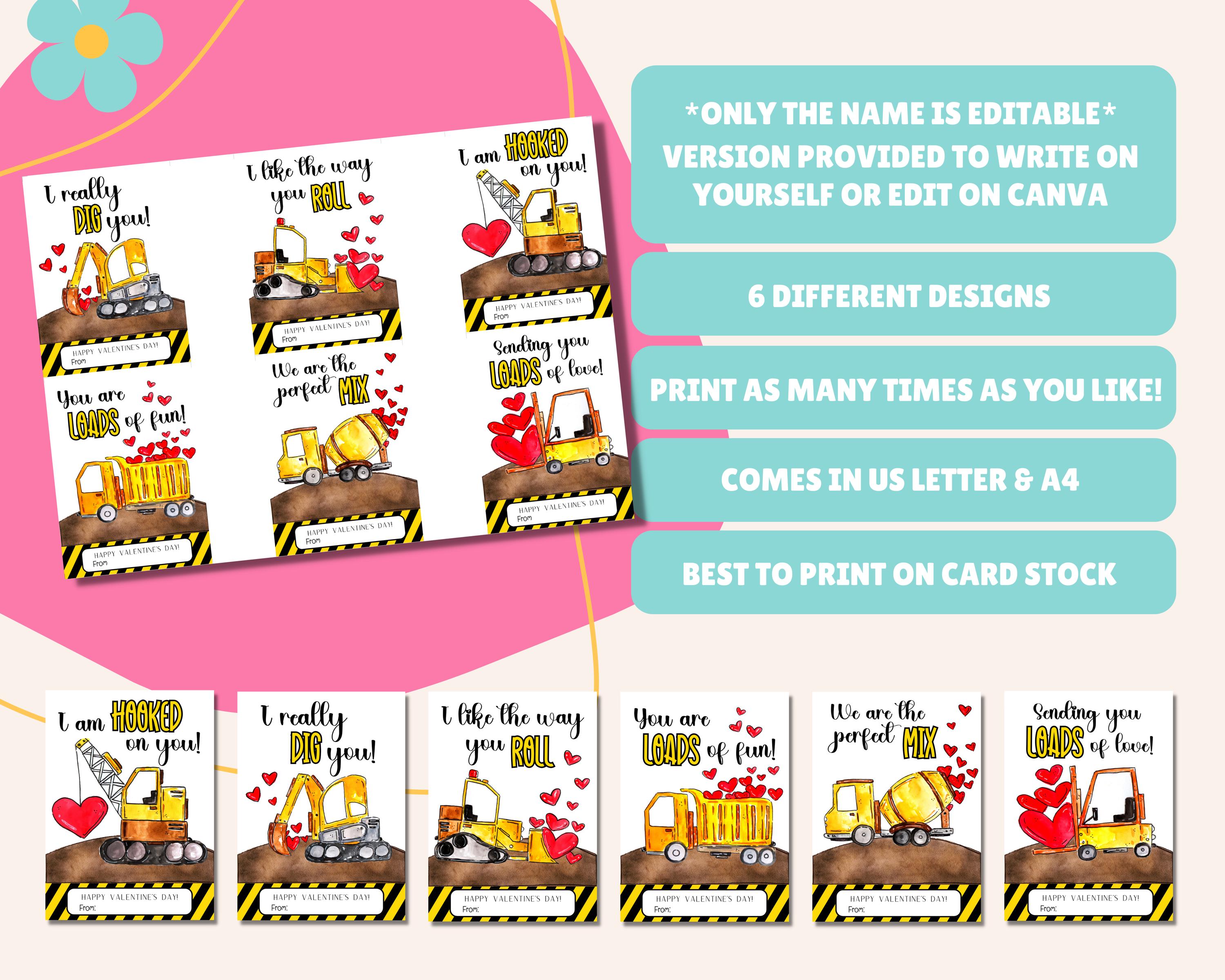 EDITABLE Printable Construction Valentine Cards, Classroom Valentines ...
