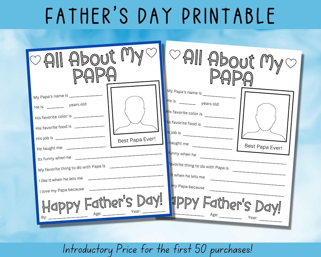 Fathers Day Printable, All About My Papa, Fathers Day Gift, Card for ...