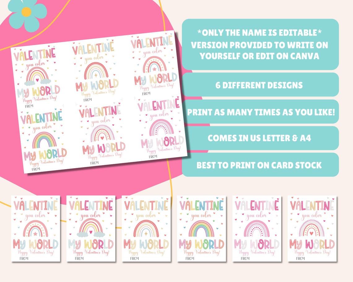 EDITABLE Printable Rainbow Valentines Cards, Classroom Valentines Day ...
