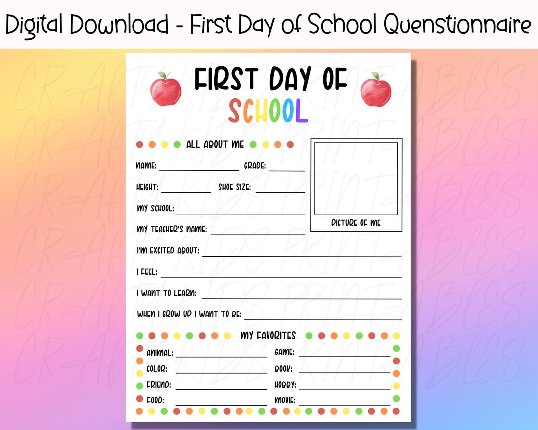 First Day of School Questionnaire, Back to School Questionnaire, Back to School Printable, First ...