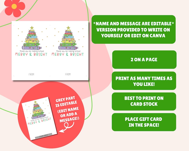 EDITABLE Printable Christmas Gift Card Holder, Teacher Christmas Card ...