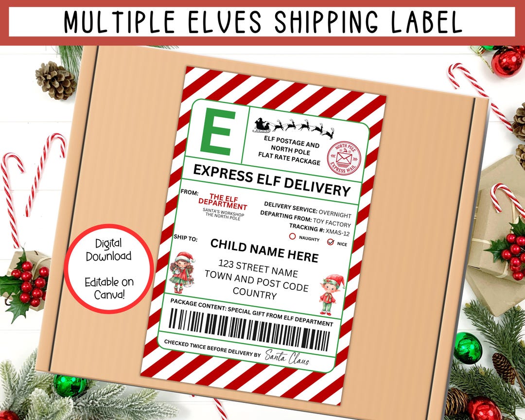EDITABLE Elf Shipping Label, North Pole Delivery Tags, Santa Mail ...