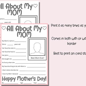 Mother's Day Printable, All About My Mom, Mothers Day Gift, Card for ...