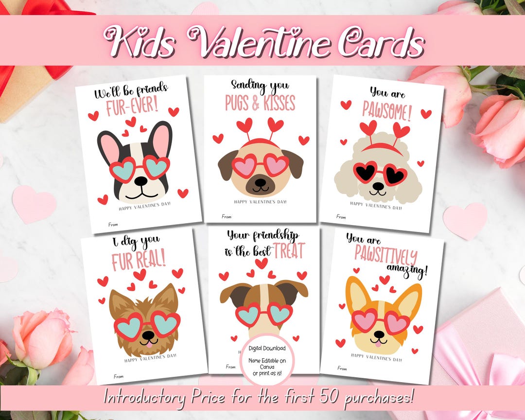 EDITABLE Printable Dog Valentine Cards, Classroom Valentines Day Cards ...