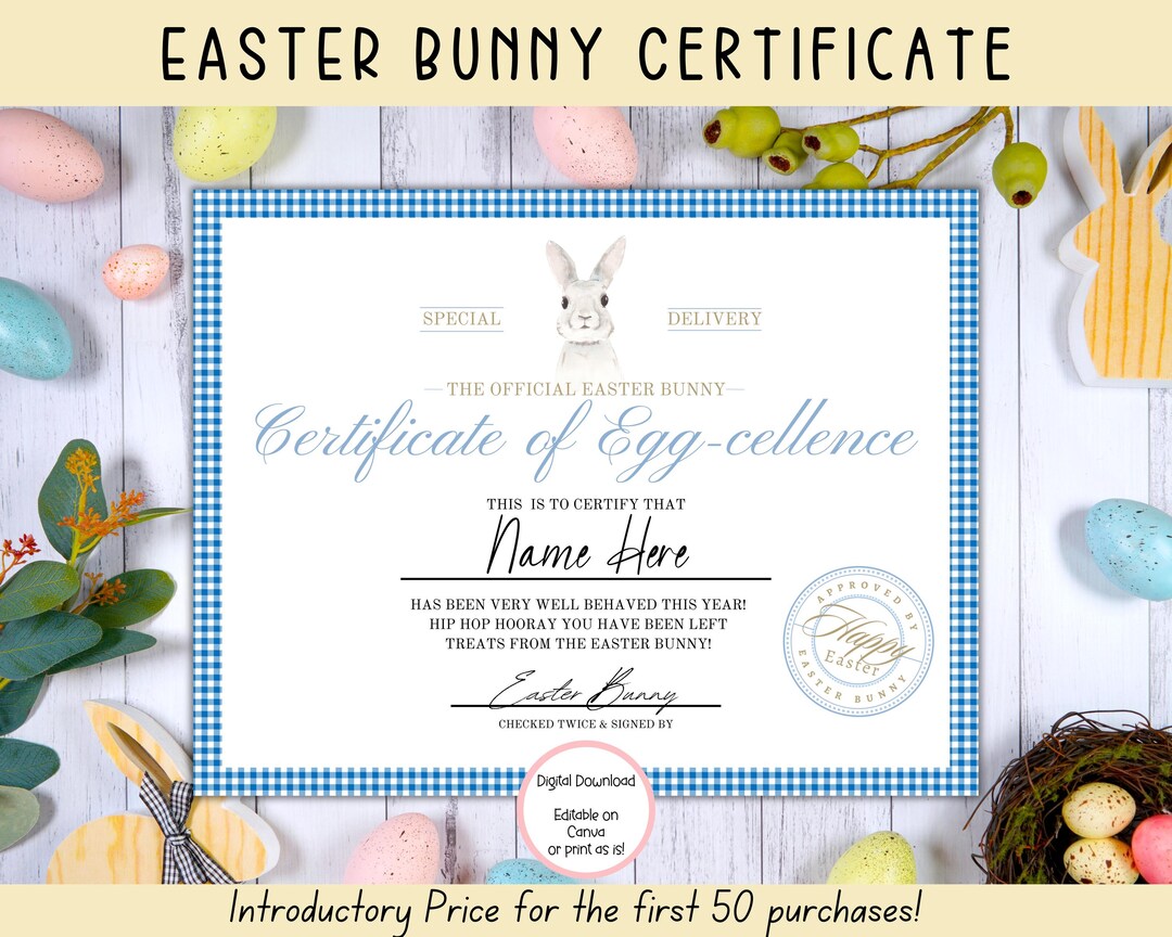 EDITABLE Certificate From Easter Bunny, Blue Printable Easter Bunny ...