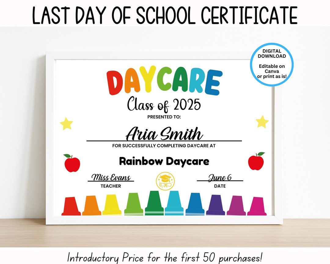 EDITABLE Last Day of Daycare Certificate, Daycare Graduation ...