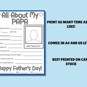 Fathers Day Printable, All About My Papa, Fathers Day Gift, Card for ...