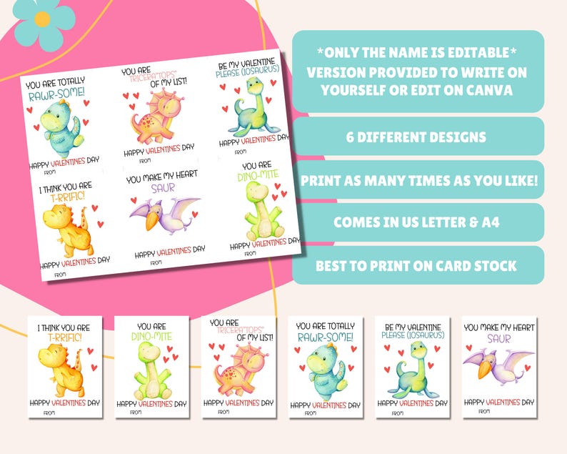 EDITABLE Printable Dinosaur Valentine Cards, Classroom Valentines Day ...