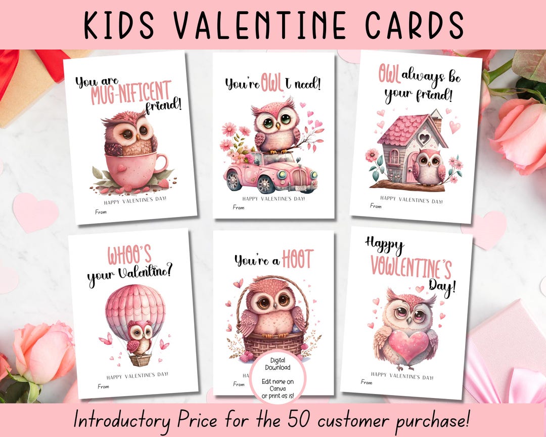 EDITABLE Printable Owl Valentine Cards, Classroom Valentines Day Cards ...