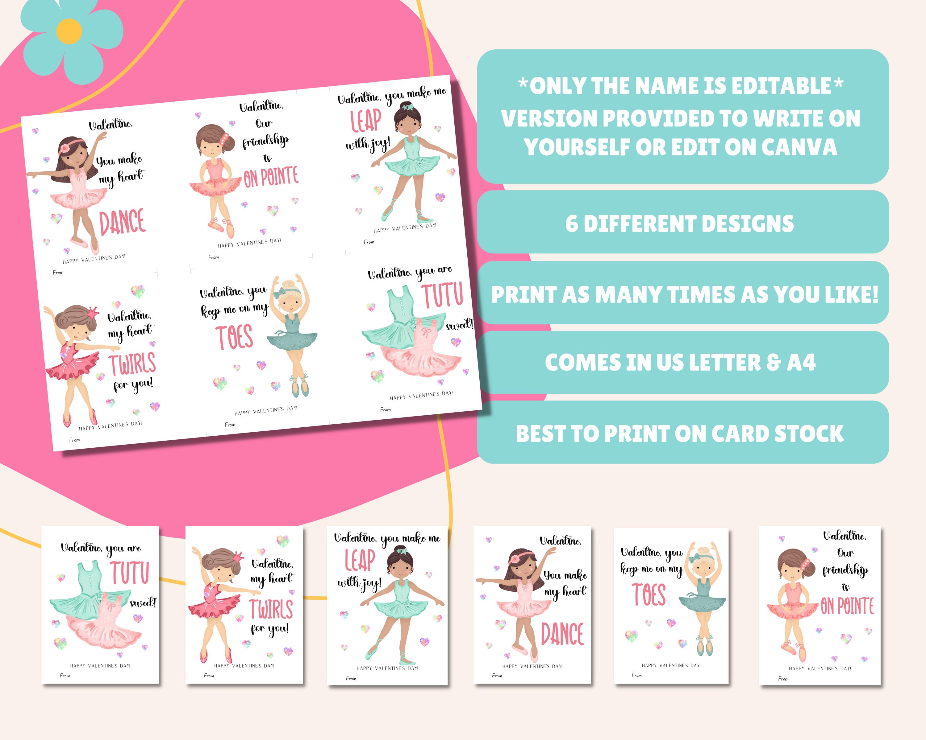 EDITABLE Printable Ballet Valentine Cards, Classroom Valentines Day ...