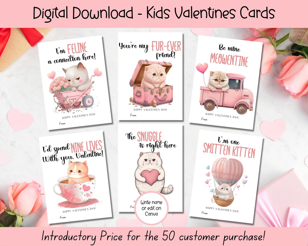 EDITABLE Printable Cat Valentine Cards, Classroom Valentines Day Cards ...
