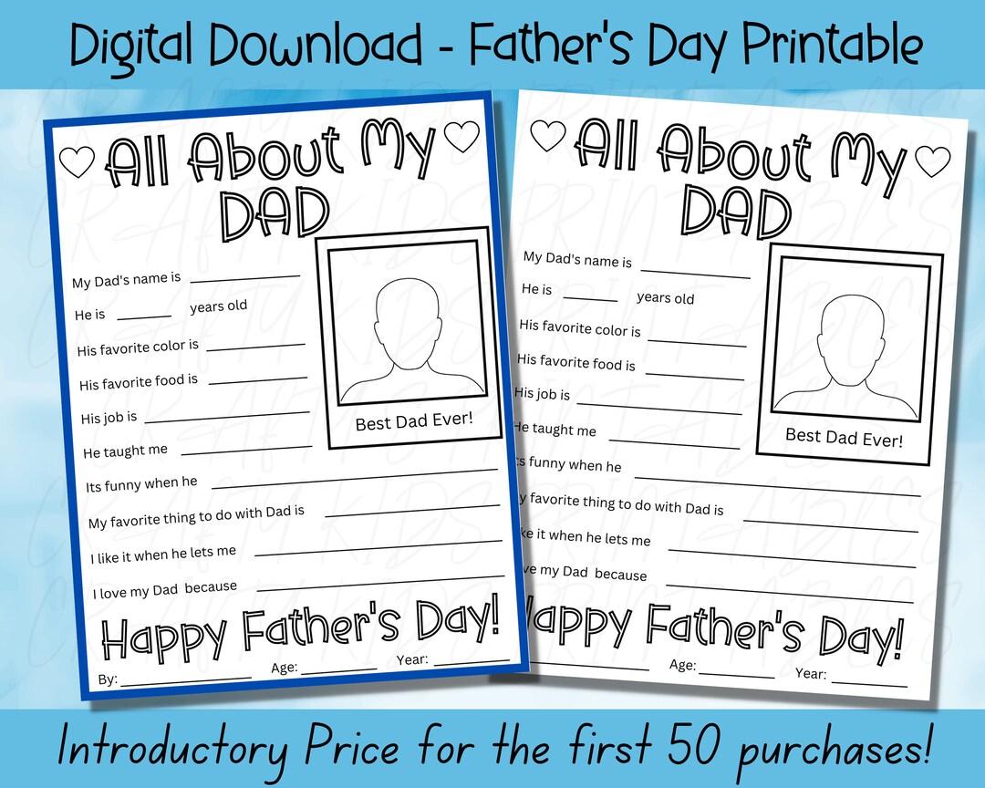 Father's Day Printable, All About My Dad, Fathers Day Gift, Card for ...