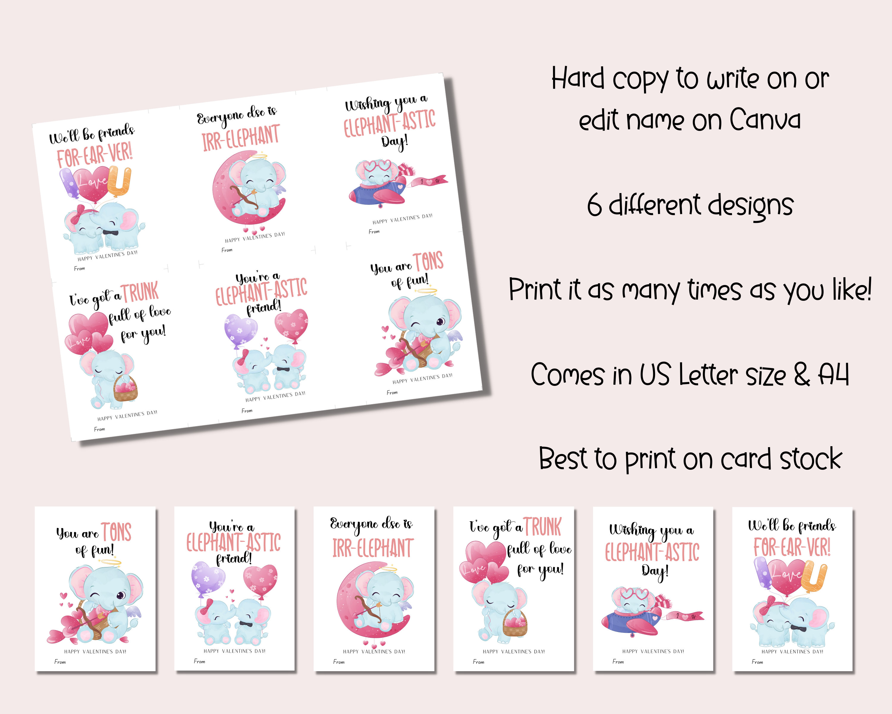 EDITABLE Elephant Valentine Cards, Classroom Valentines Day Cards, Kids ...