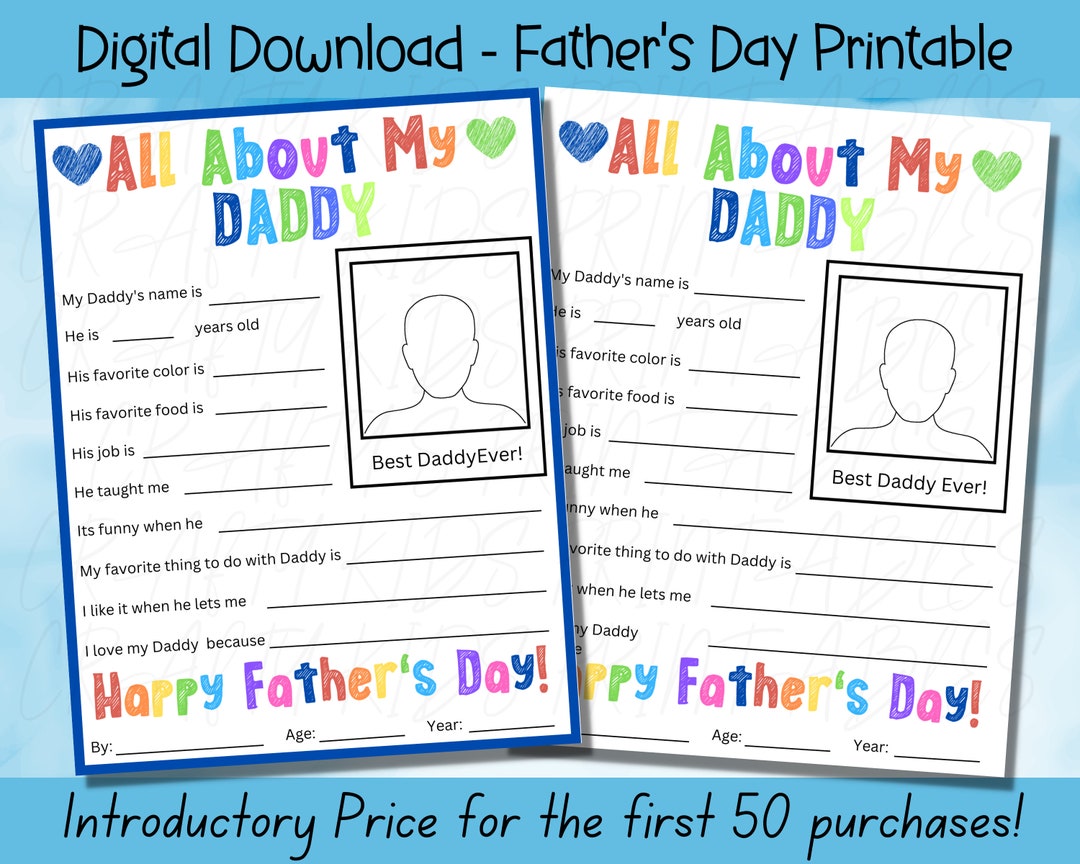 Father's Day Printable, All About My Daddy, Fathers Day Gift, Card for ...