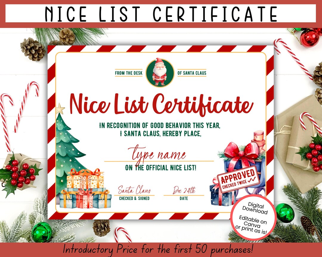 Official Nice List Certificate From Santa, Letter From Santa, Printable ...