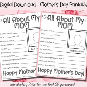 Mother's Day Printable, All About My Mom, Mothers Day Gift, Card for ...