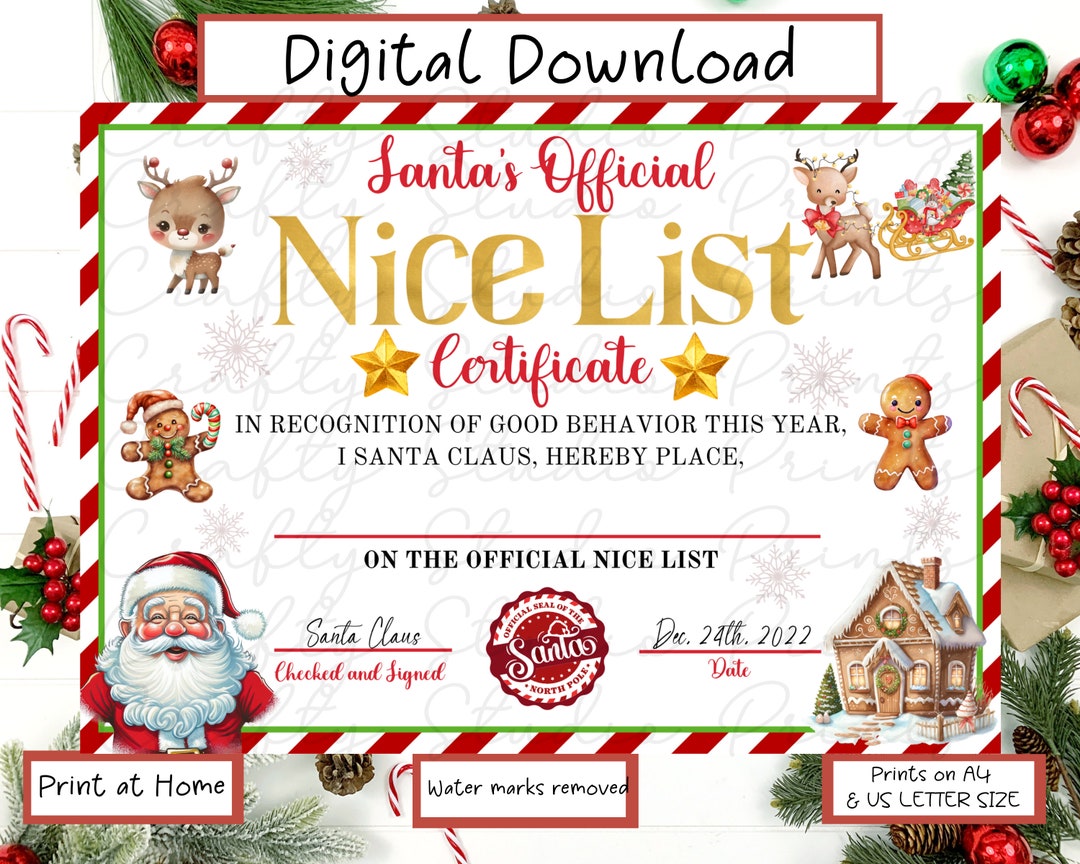 Official Nice List Certificate From Santa Letter From Santa - Etsy
