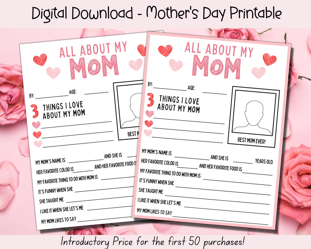 Mother's Day Printable, All About My Mom, Mothers Day Gift, Card for ...