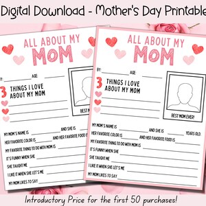 Mother's Day Printable, All About My Mom, Mothers Day Gift, Card for ...