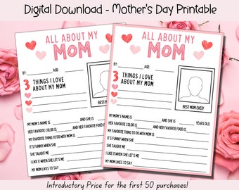 Mother's Day Printable, All About My Mom, Mothers Day Gift, Card for ...