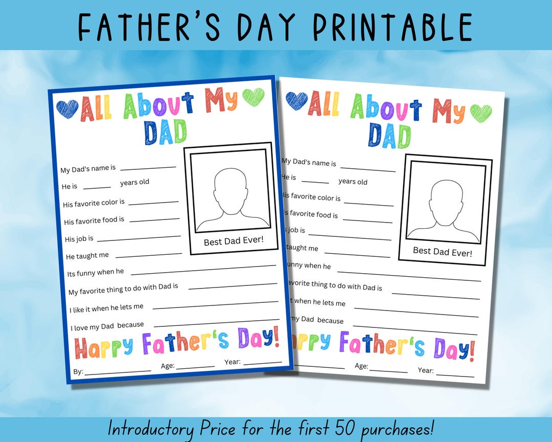 Father's Day Printable, All About My Dad, Fathers Day Gift, Card for ...