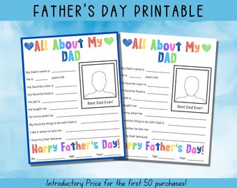 Father's Day Printable, All About My Dad, Fathers Day Gift, Card for ...