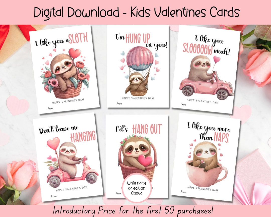 EDITABLE Printable Sloth Valentine Card, Classroom Valentines Day Cards ...