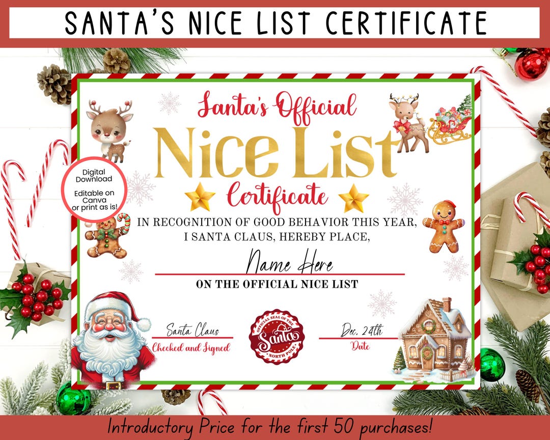 Official Nice List Certificate From Santa, Letter From Santa, Printable ...