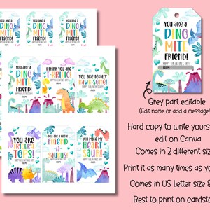 EDITABLE Dinosaur Valentine Gift Tags, Printable Kids Valentine Tag ...