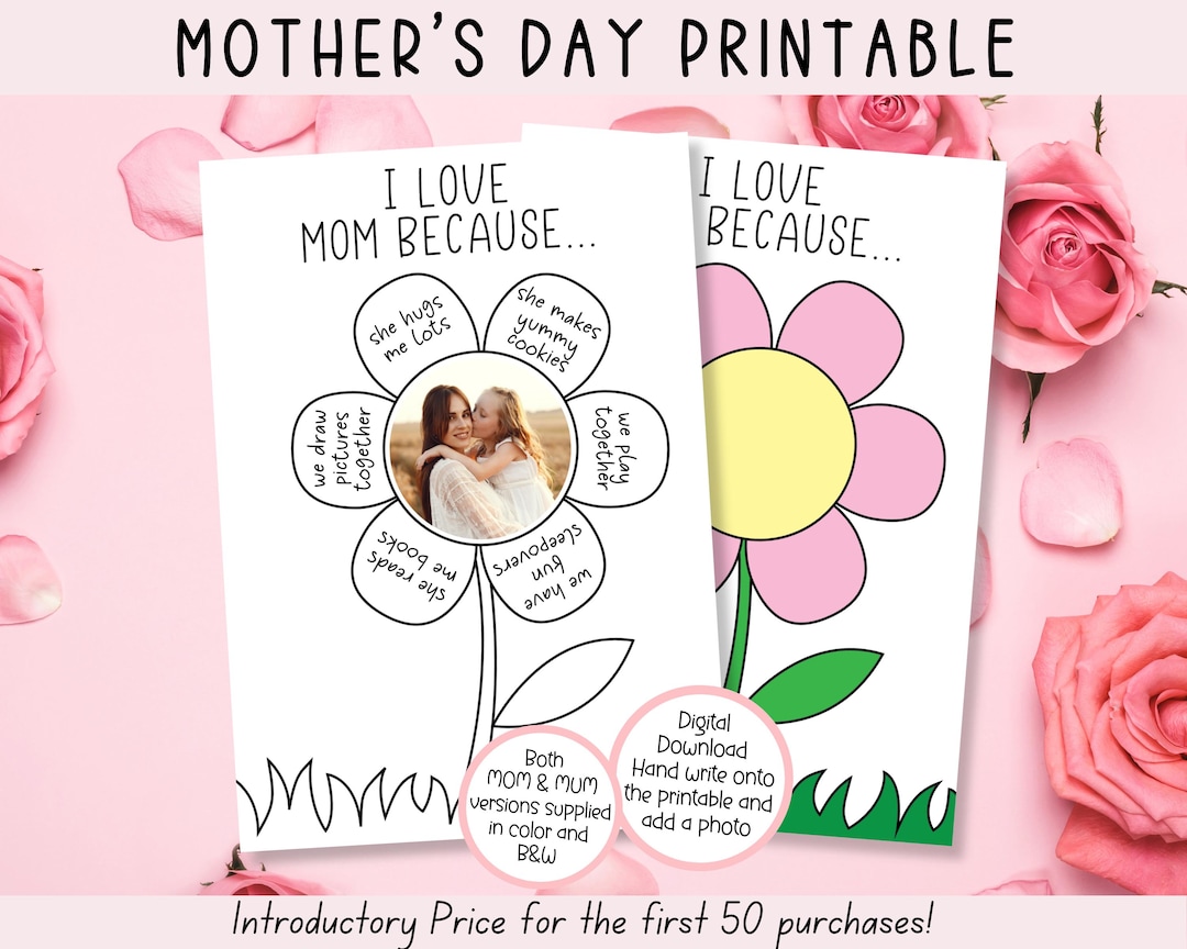 Mother's Day Printable, I Love My Mom Because, Mothers Day Gift, Card ...